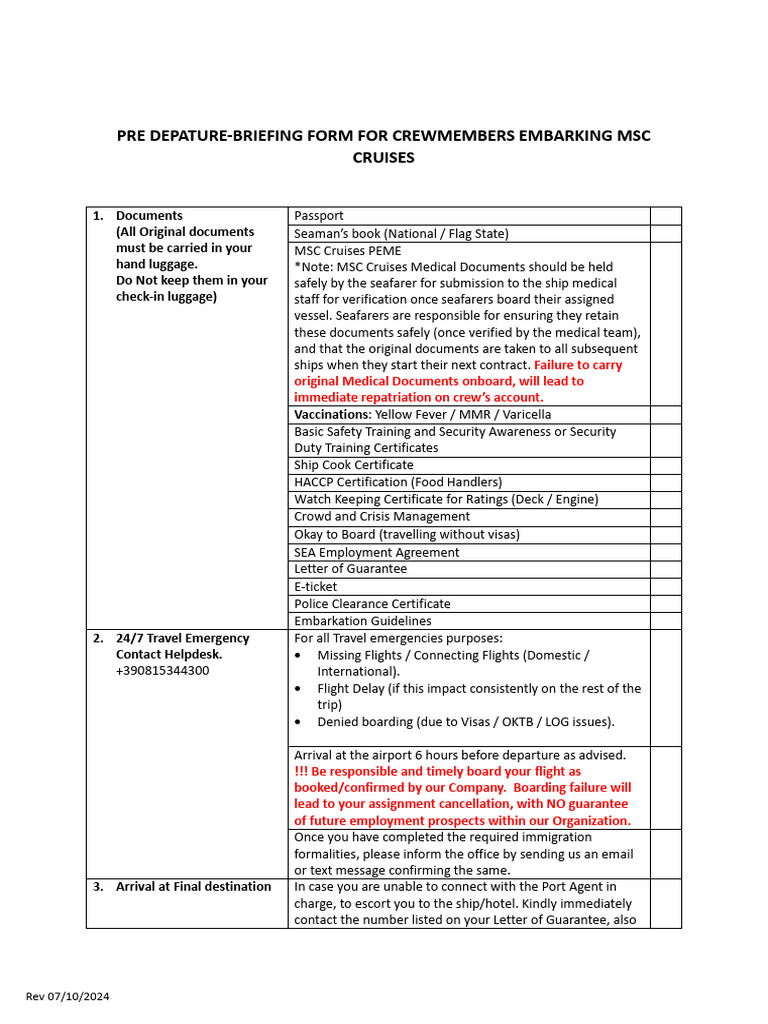 MSC Crew Pre-Departure Briefing Guide | PDF | Sailor | Travel Visa