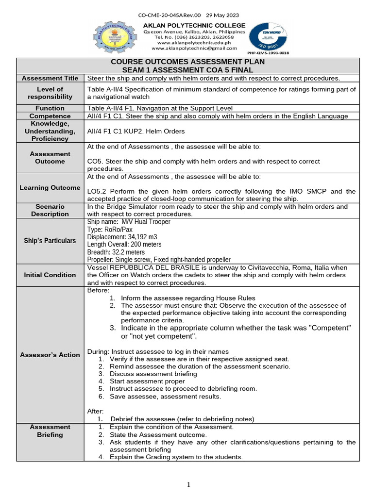 SEAM 1 CO5 Psychomotor - COA PLAN FINAL | PDF | Ships