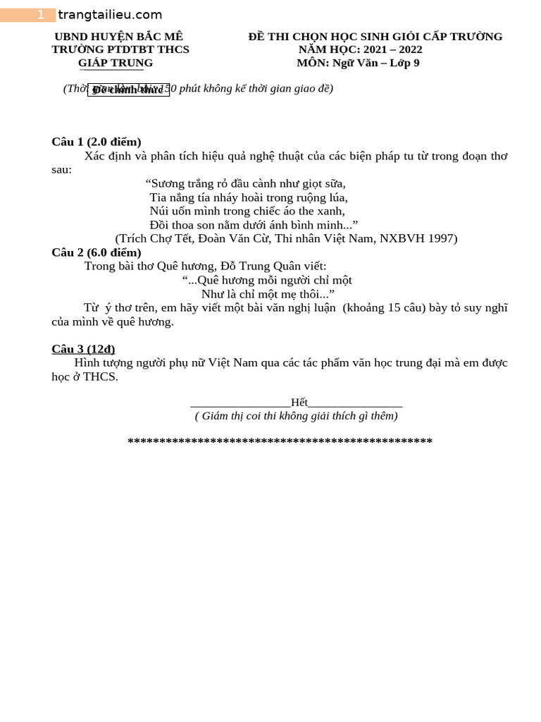 Trangtailieu Com de Thi Chon HSG Van 9 Thcs Giap Trung 2021 2022 Co Dap An | PDF