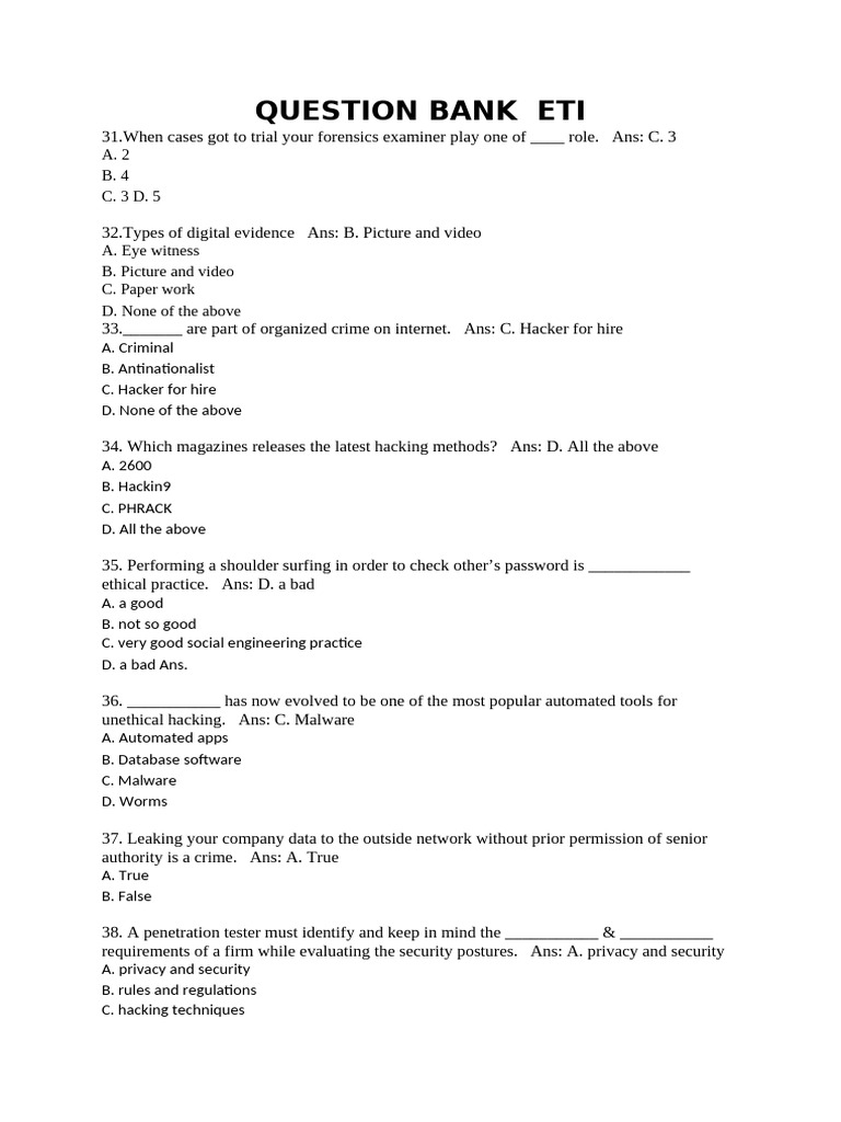 QUESTION BANK ETI Answered | PDF | Security Hacker | Computer Security
