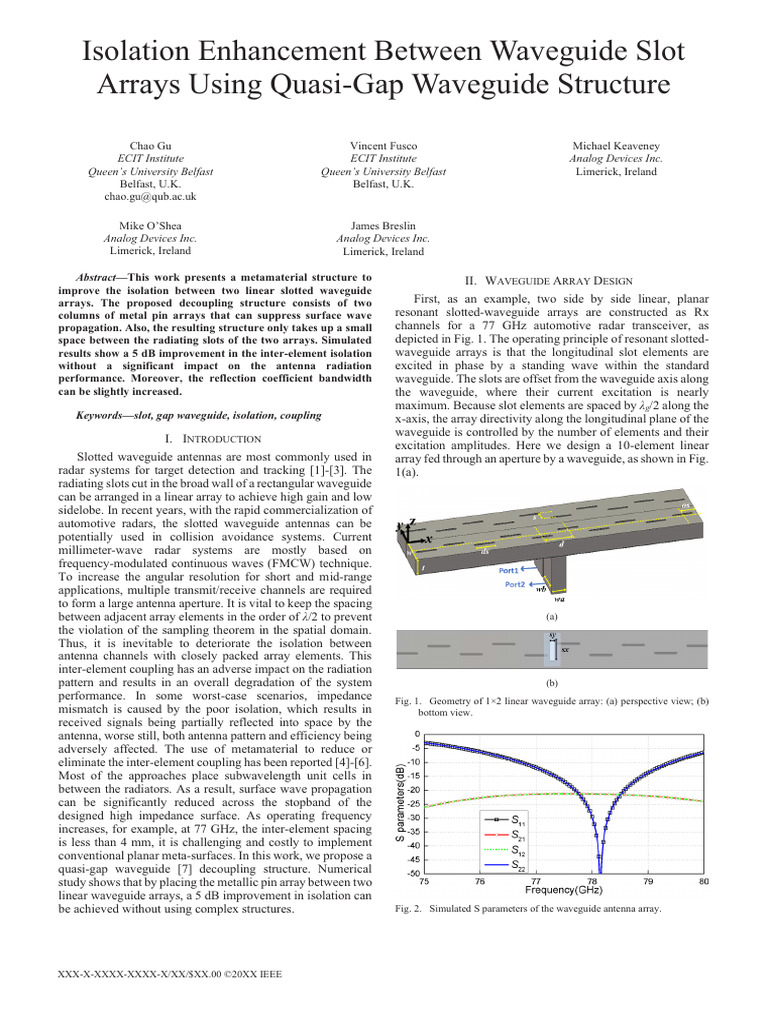 Isolation Enhancement Between Waveguide Slot Arrays Using Quasi Gap