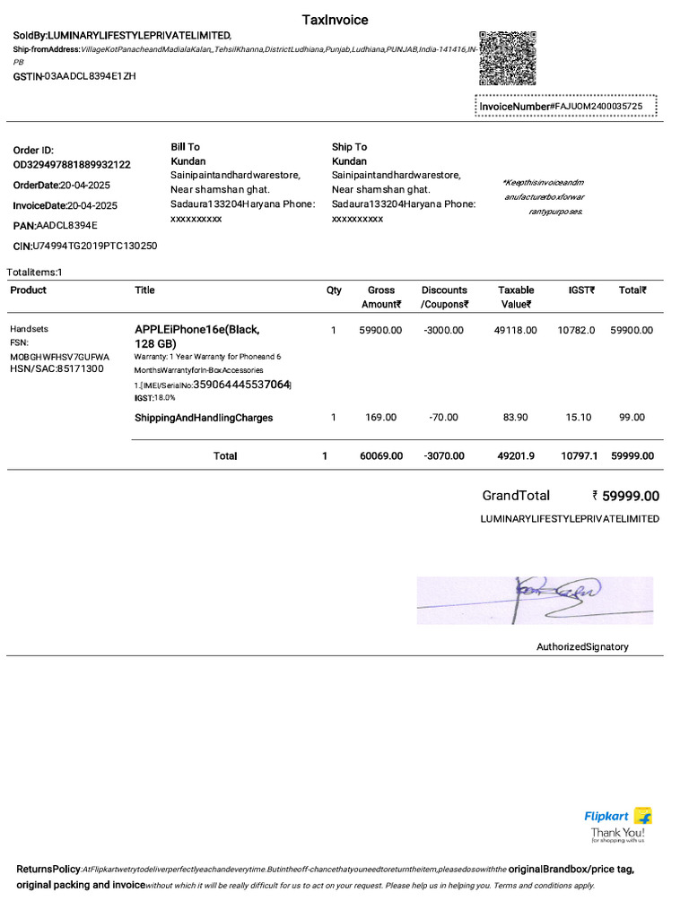iPhone 16e Purchase Invoice | PDF | Tablet Computer | Consumer Electronics