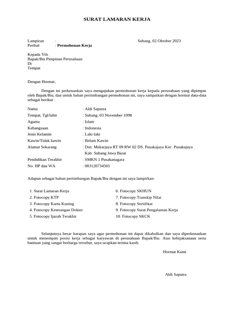 Surat Lamaran Kerja Aldi | PDF