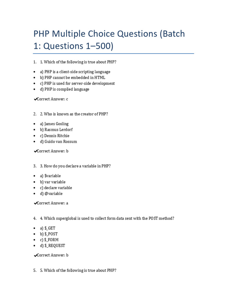 PHP Multiple Choice Questions (Batch 1: Questions 1-500) | PDF | Php | Dynamic Web Page