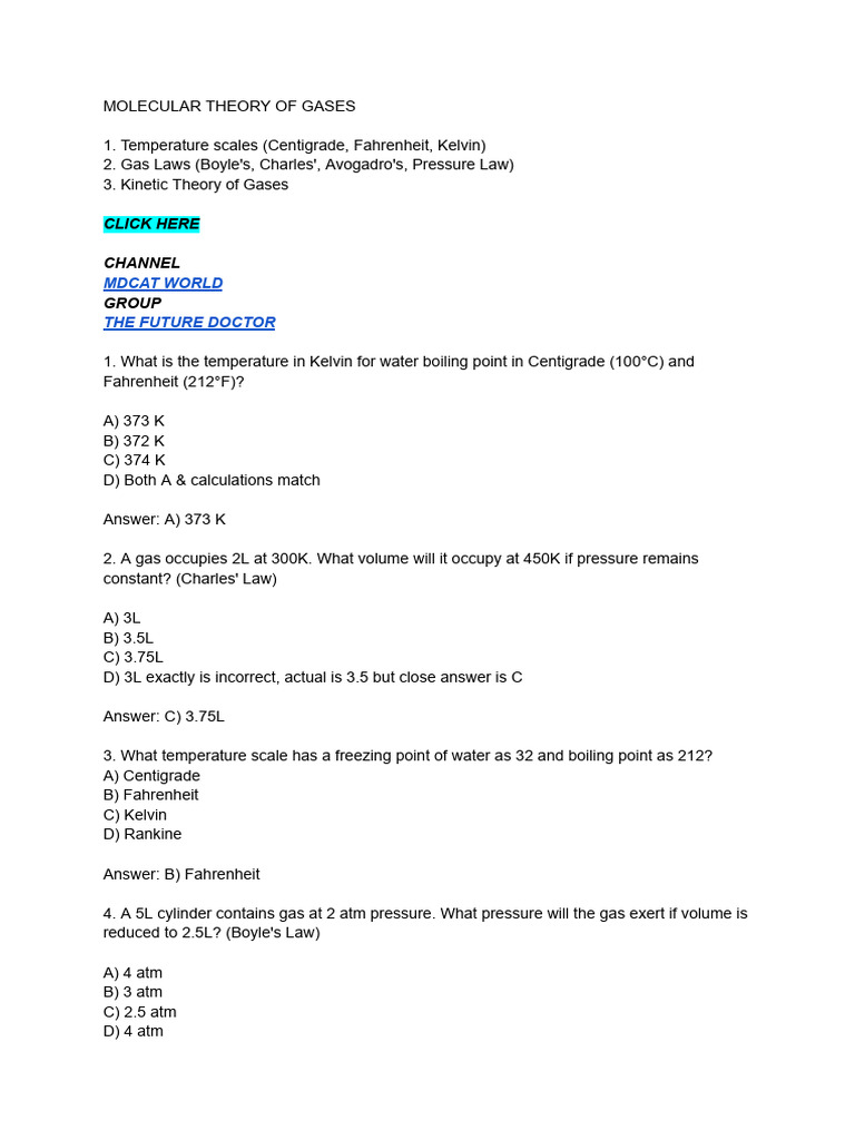 Molecular Theory of Gases (32 MCQS) | PDF | Gases | Fahrenheit