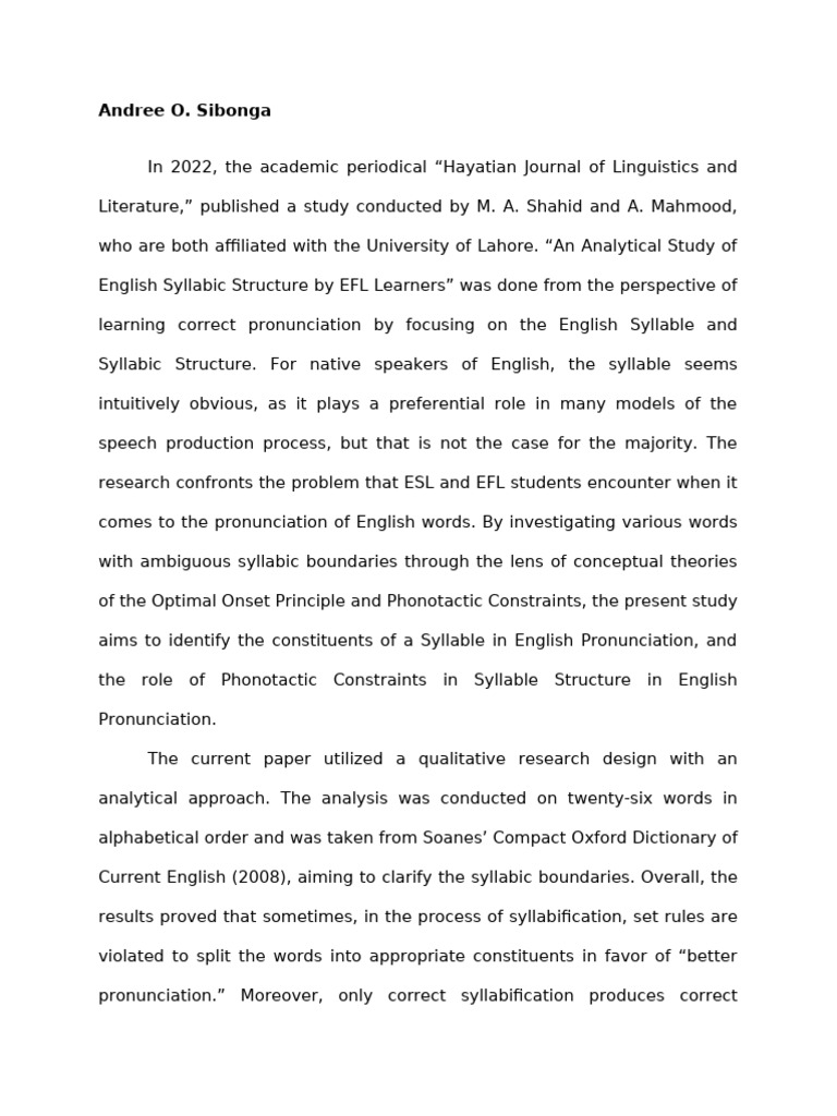 Sibonga Midterm Phonology Paper | PDF | Syllable | English Language