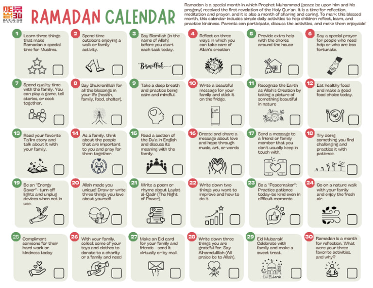 Ramadan Calendar: Daily Kindness Activities | PDF | Ramadan | Abrahamic ...