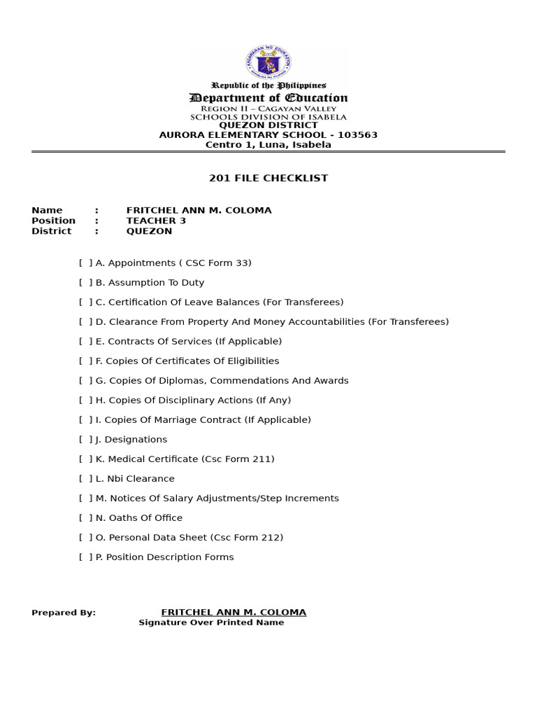 201 File Checklist | PDF