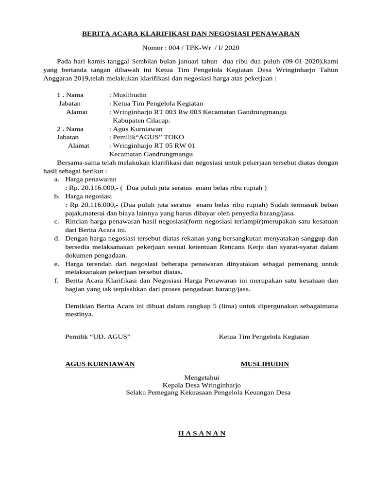Berita Acara Klarifikasi Dan Negosiasi Penawaran | PDF
