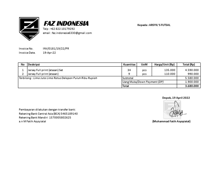 Arsyil's Futsal Invoice | PDF