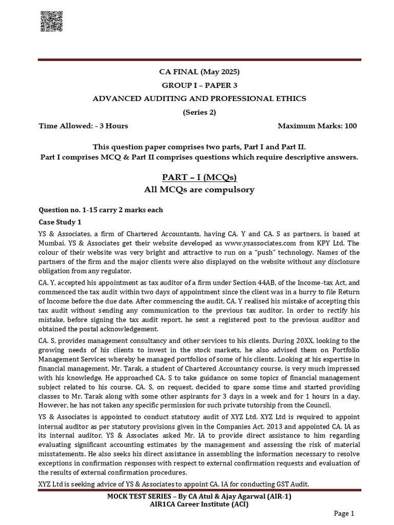 CA Final Advanced Auditing Mock Test | PDF | Auditor's Report | Audit