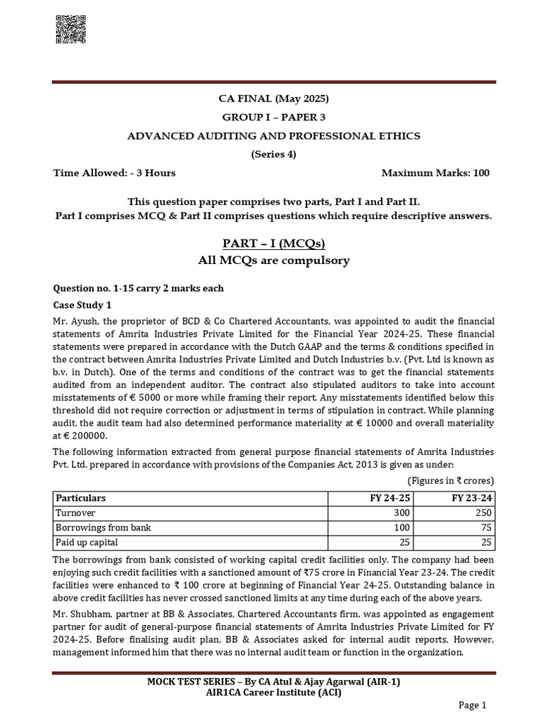 CA Final Advanced Auditing Mock Test | PDF | Auditor's Report | Audit