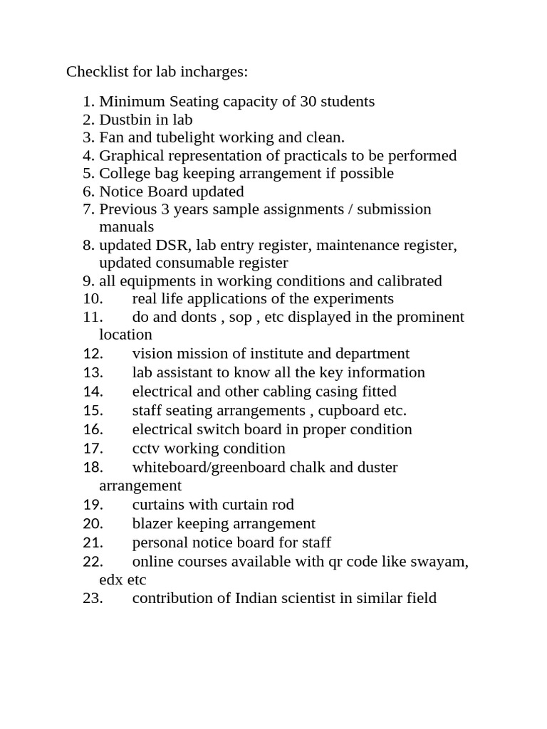 Checklist For Lab Incharges | PDF