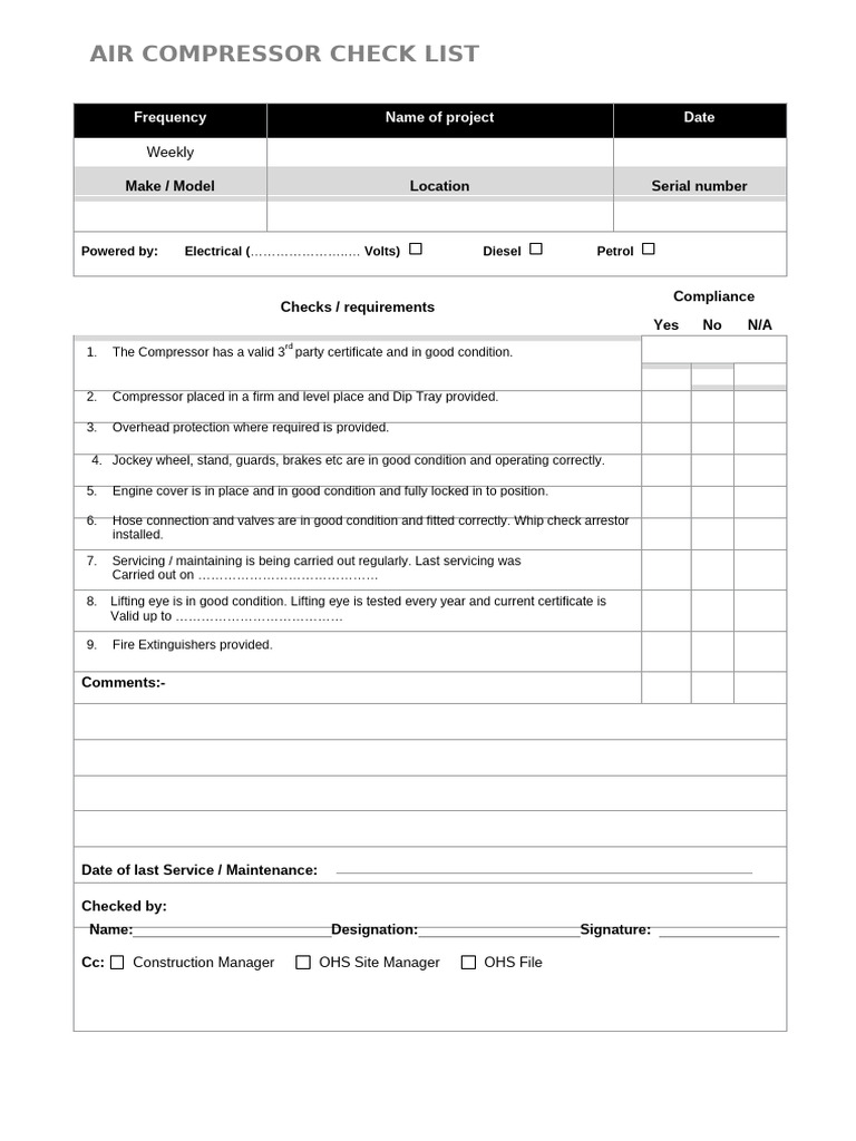 ME-OHS-F-090 - 01 - Air Compressor Check List | PDF