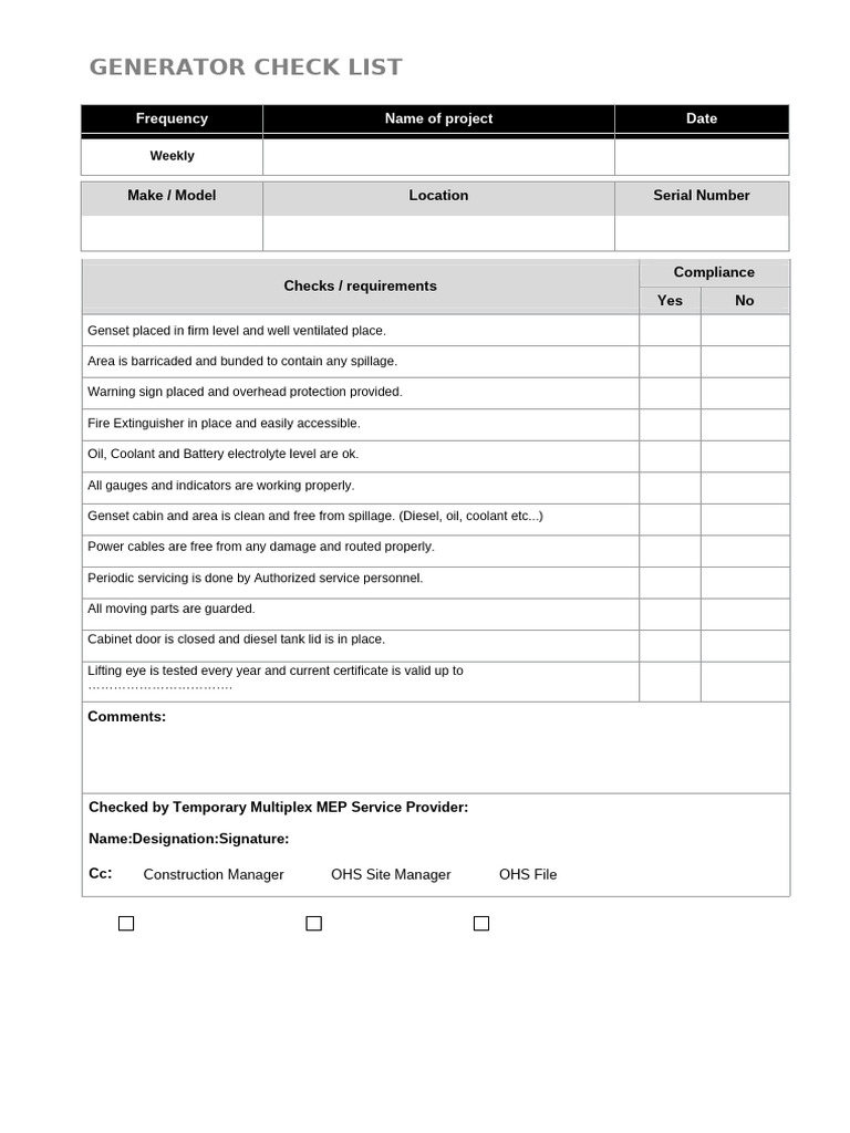 ME-OHS-F-091 - 01 - Generator Check List | PDF