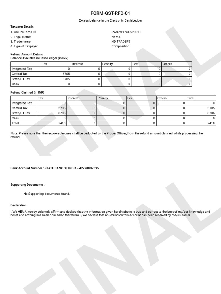 GST RFD-01_09AQYPH9392N1ZH_EXBCL_Form | PDF | Taxes | Economies