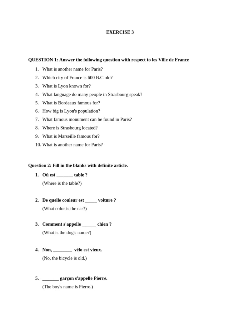 Cities of France Quiz Exercise | PDF
