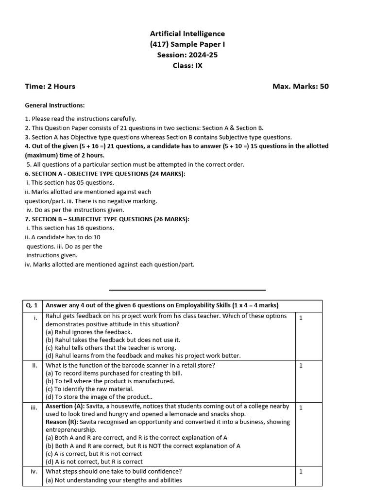 Model Test Paper Class IX Final | PDF | Artificial Intelligence ...