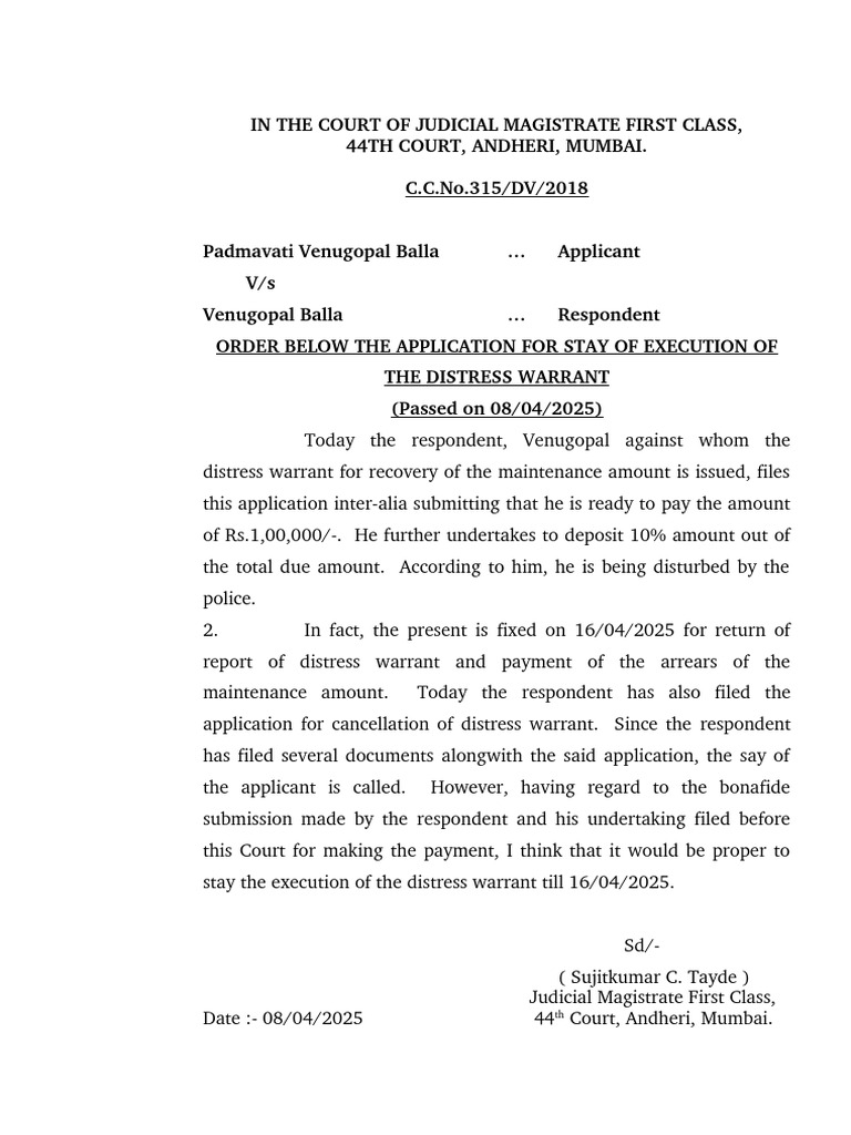Stay of Distress Warrant Order, Mumbai | PDF