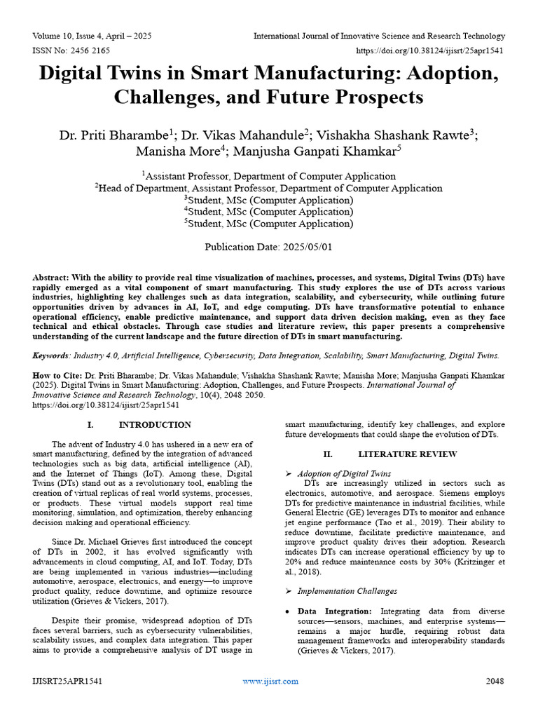 Digital Twins in Smart Manufacturing: Adoption, Challenges, and Future Prospects | PDF ...