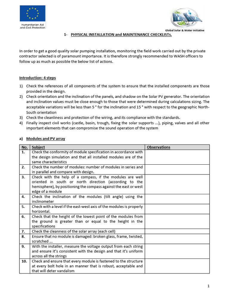 Solar Pump Installation Checklist | PDF | Solar Panel | Photovoltaics