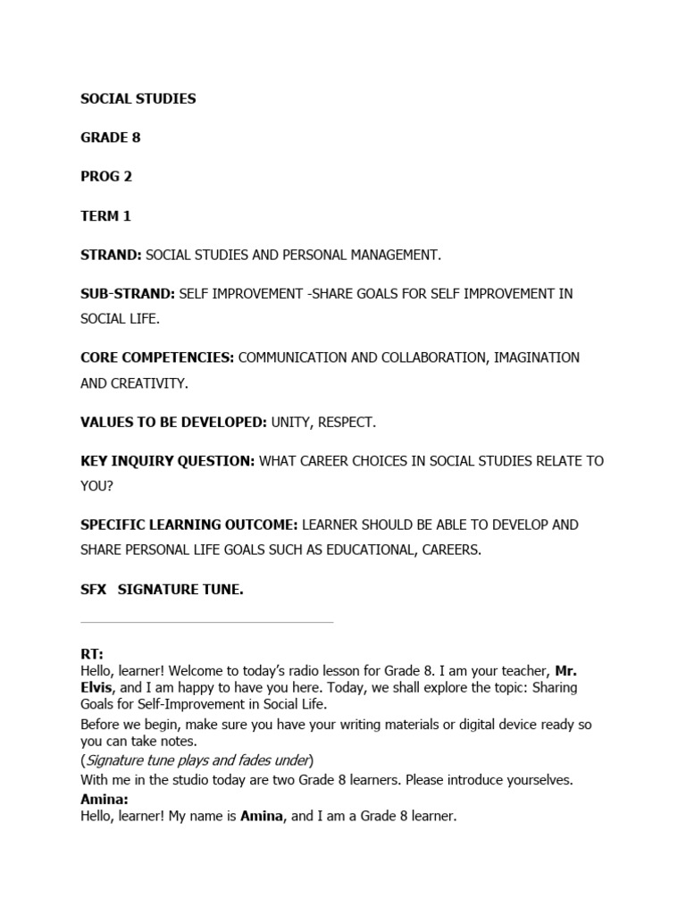 Social Studies Grade 8 Term 1 Prog 2 - Goals For Self-Improvement in ...