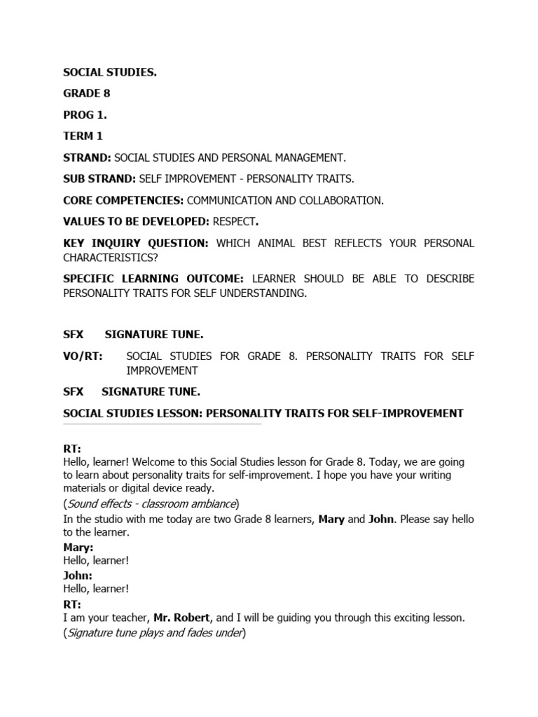 Social Studies Grade 8 Term 1 Prog 1 - Personality Traits For Self Improvement | PDF | Learning ...