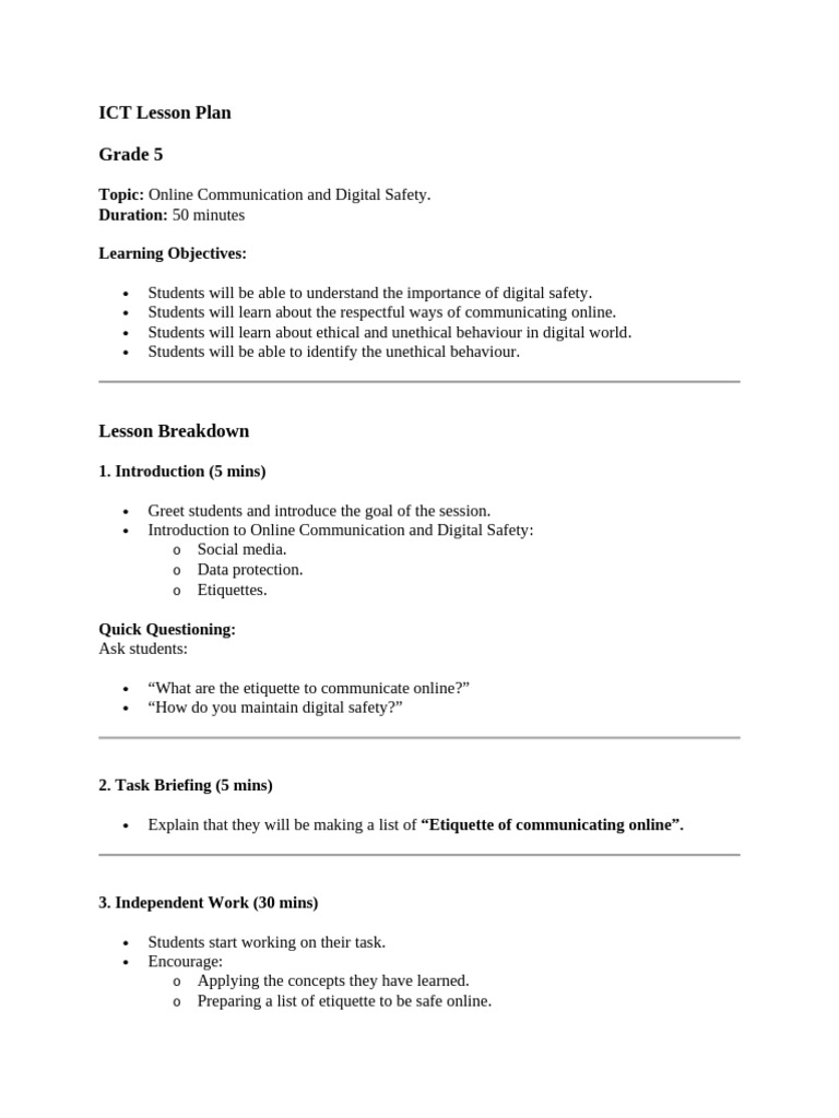 ICT Lesson Plan April Week 2 (1) Gr5.docxdigital Safety | PDF