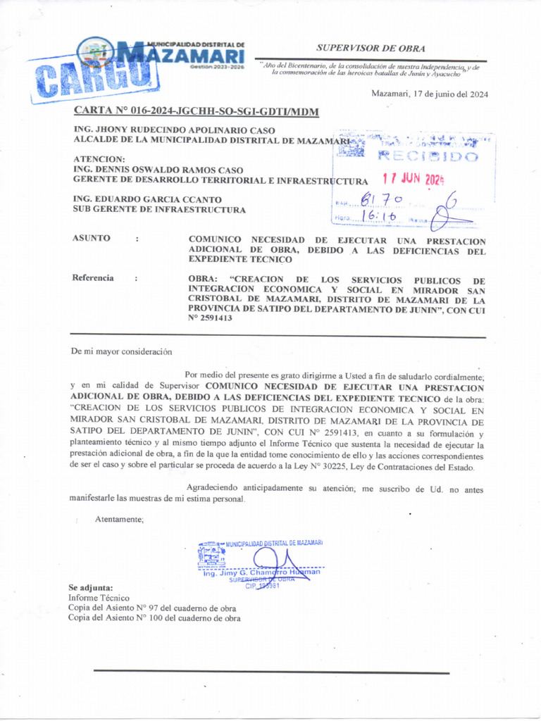 Carta #016 - Adicional de Obra | PDF