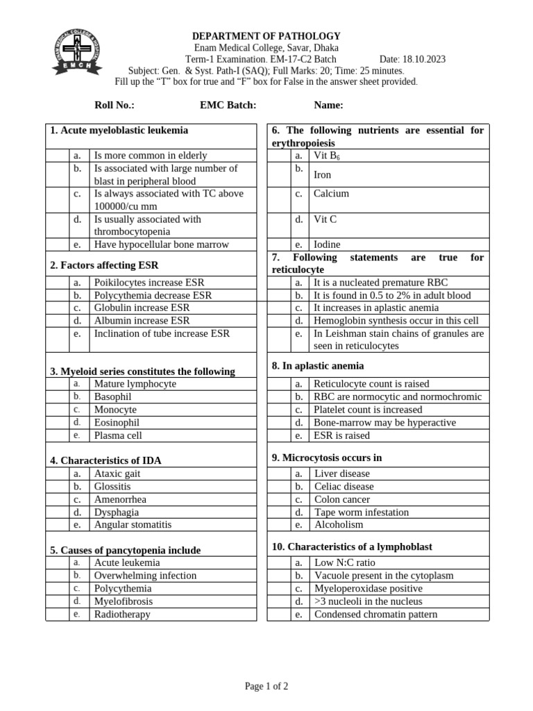 2-MCQ-Term 1-Block-EM17-C2 | PDF | Anemia | Necrosis
