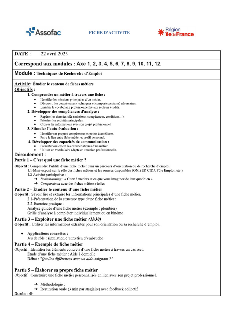 Fiche Activite Contenu Fiche Metier | PDF
