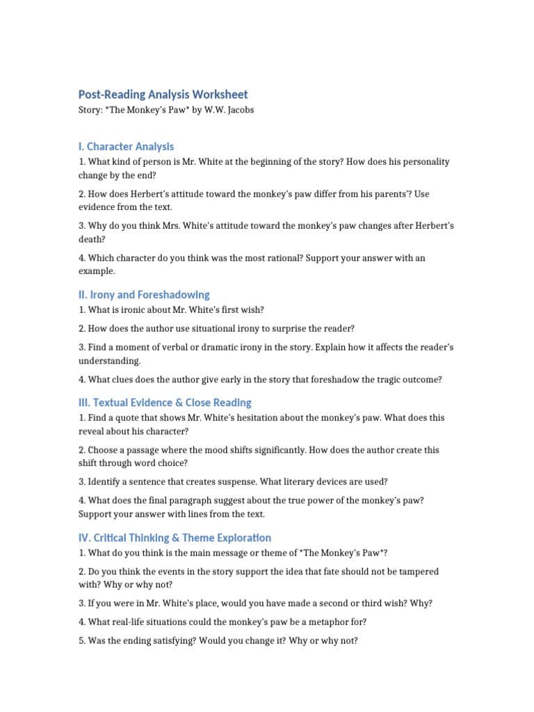 Monkey's Paw Analysis Worksheet | PDF
