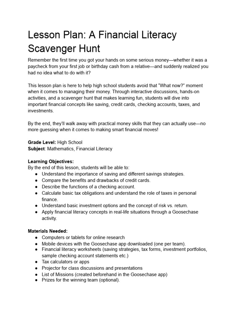 Lesson Plan - A Financial Literacy Scavenger Hunt | PDF | Financial ...