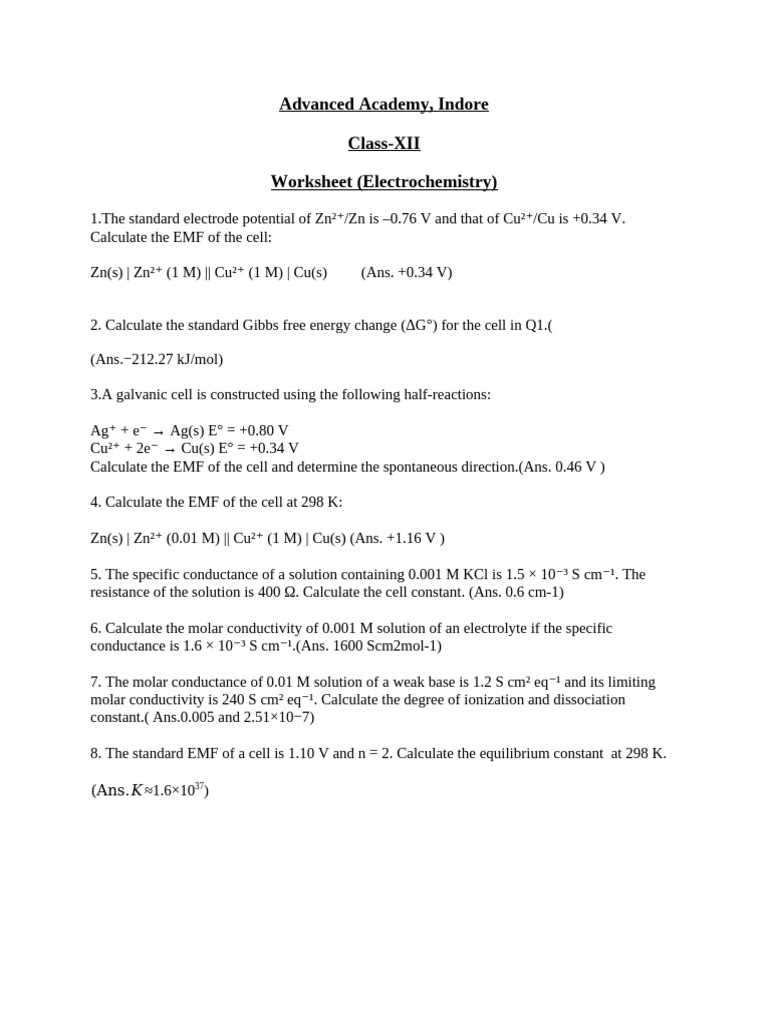 Class 12 Electrochemistry Worksheet | PDF | Electrochemistry | Physical ...