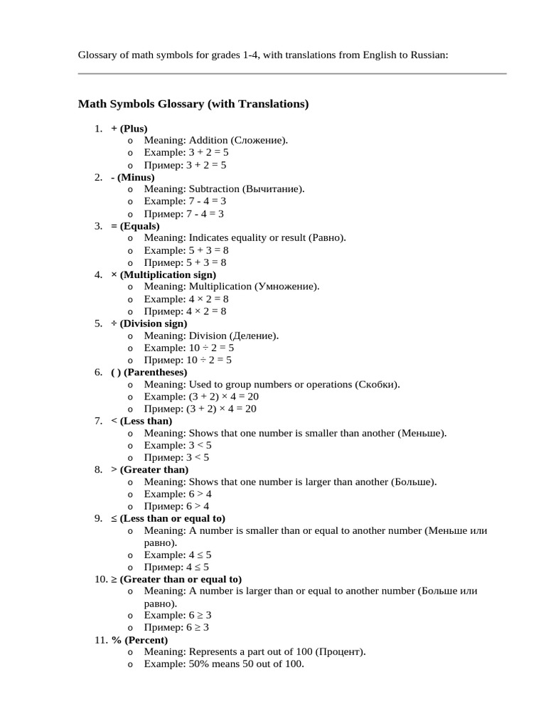 Glossary of Math Symbols For Grades 1 | PDF | Numbers | Pi