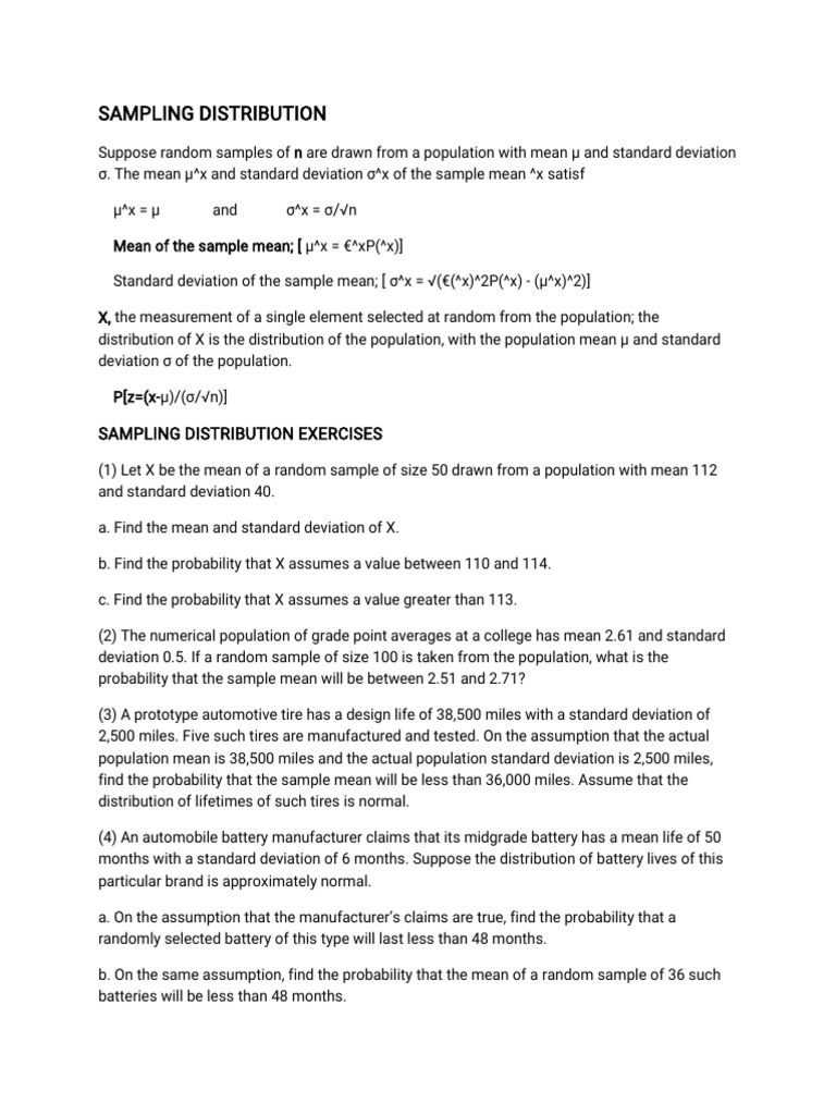 Sampling Distribution Exercises | PDF | Standard Deviation | Mean