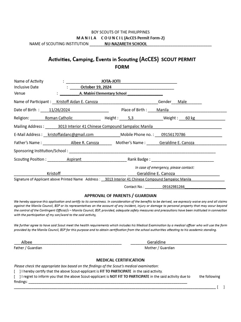 Participation Form Scouts 1 2 1 33 | PDF