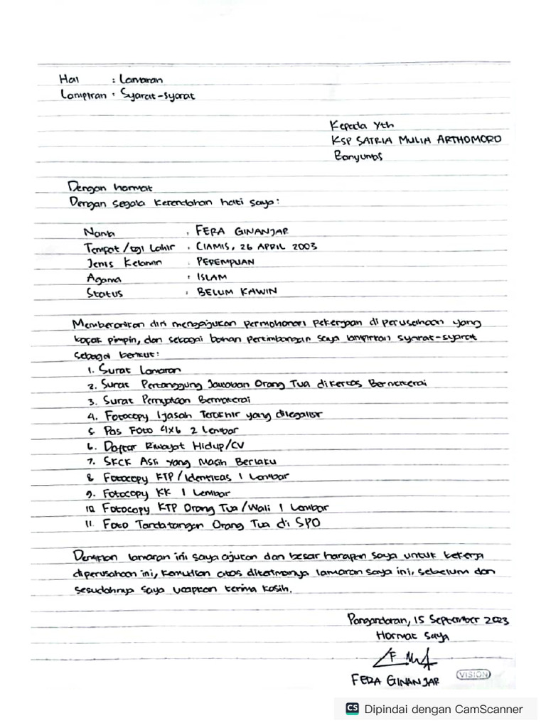 Lamaran Pekerjaan Fera Ginanjar | PDF