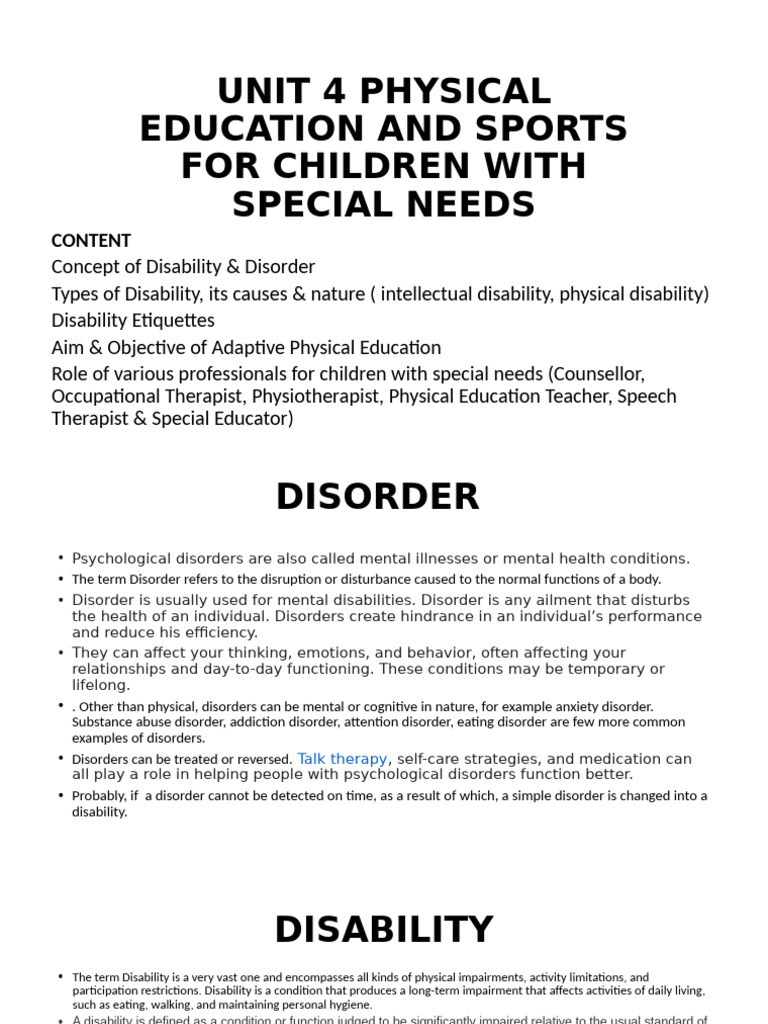 Unit 4 Physical Education and Sports for Children | PDF | Intellectual Disability | Mental Disorder