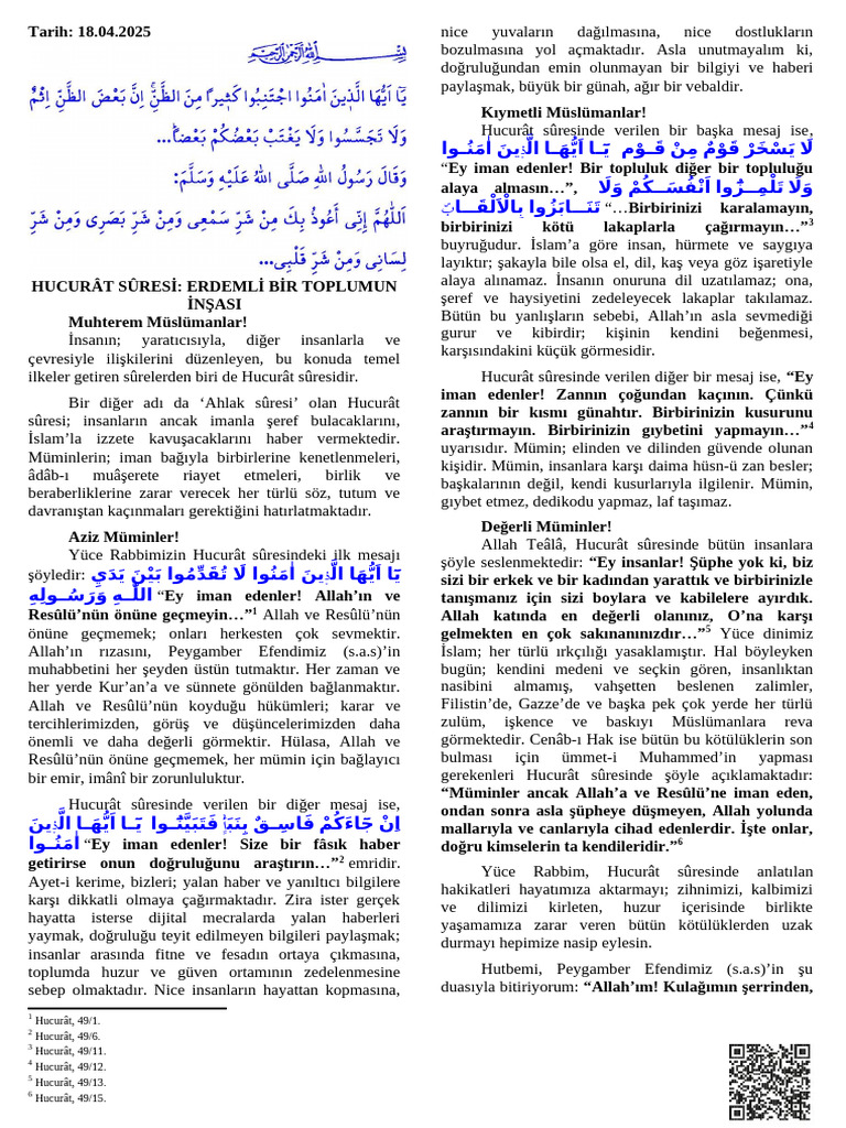Hucurât Sûresi, Erdemli Bir Toplumun İnşası | PDF