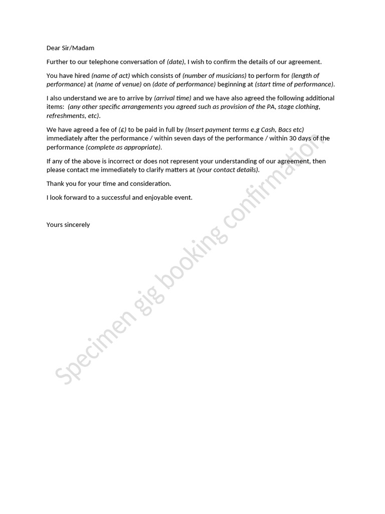 Specimen Gig Booking Confirmation Letter | PDF