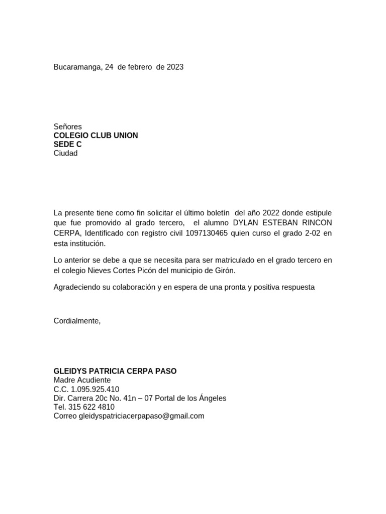 Carta Solicitud de Cupo Escolar | PDF