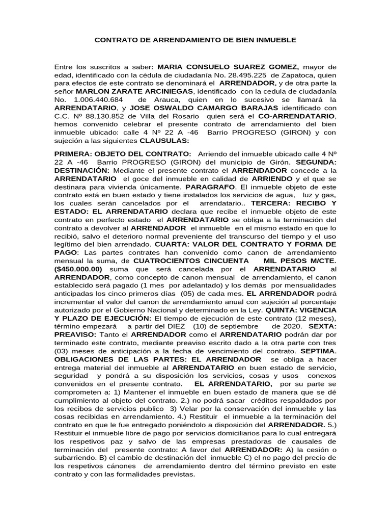 Contrato de Arrendamiento de Bien Inmueble | PDF