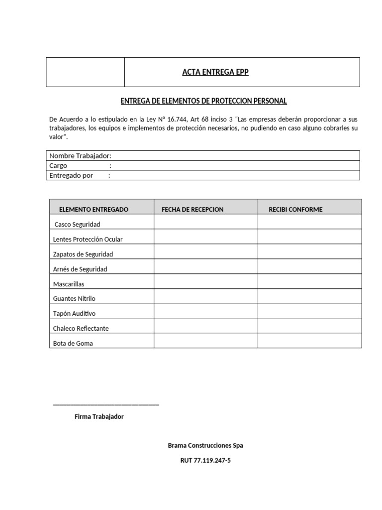 Acta Entrega Epp - Brama | PDF