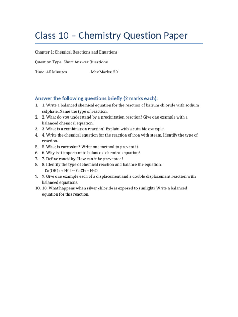 Class 10 Chemistry Short Answer Questions | PDF