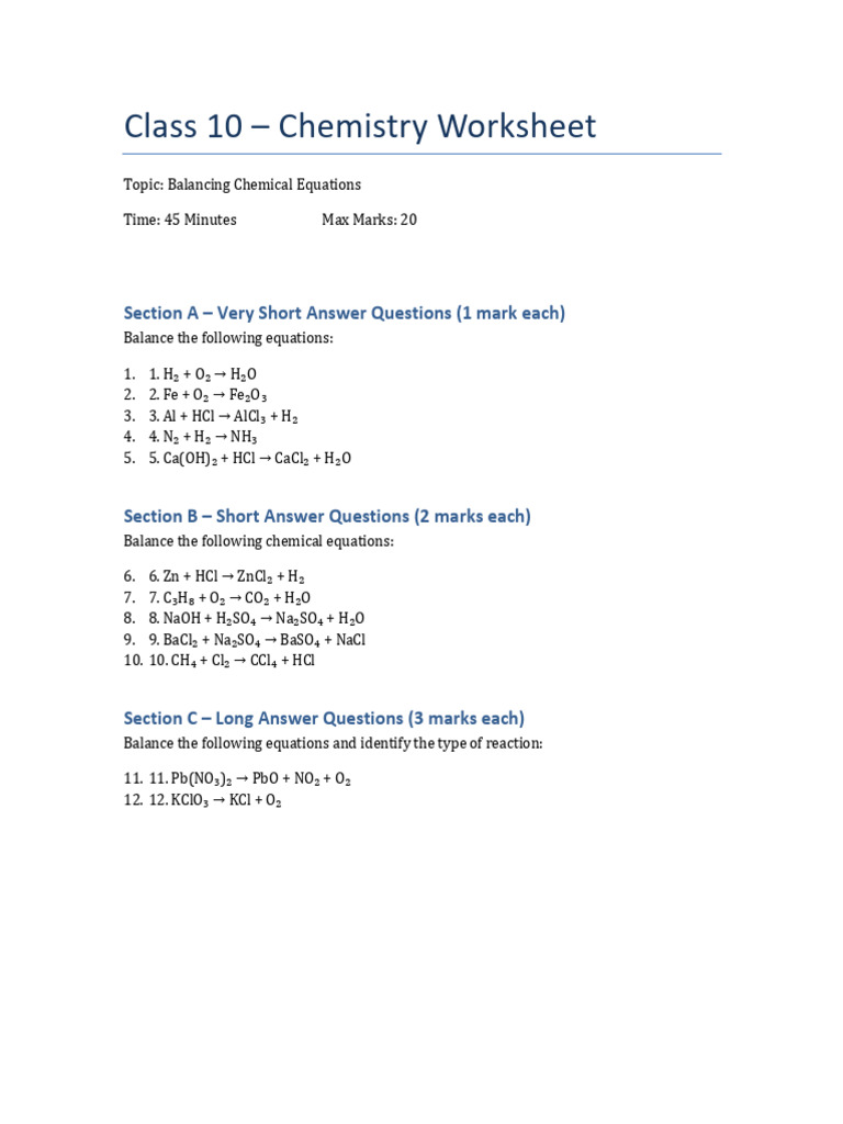 Balancing Chemical Equations Worksheet | PDF