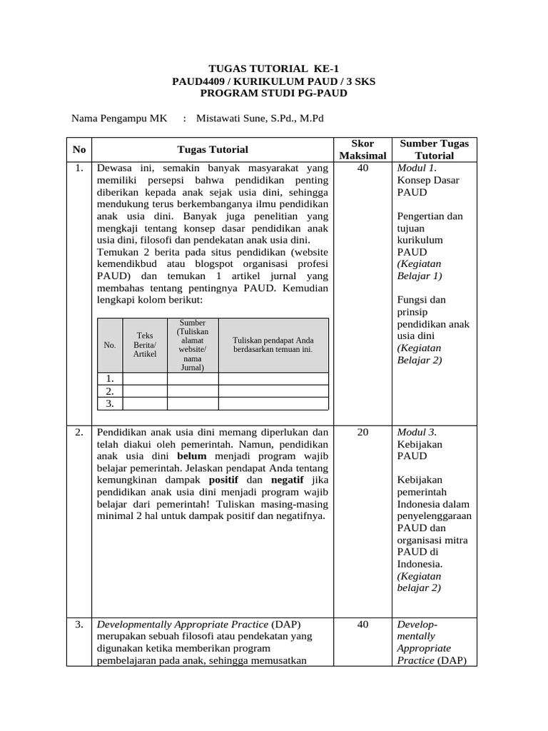 Tugas Tutorial Ke 1 MK Kurikulum PAUD | PDF