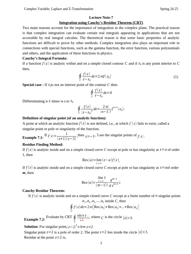 Math3 - Ch07 - CRT and Application - Spring 24 - 25 | PDF | Integral | Complex Analysis