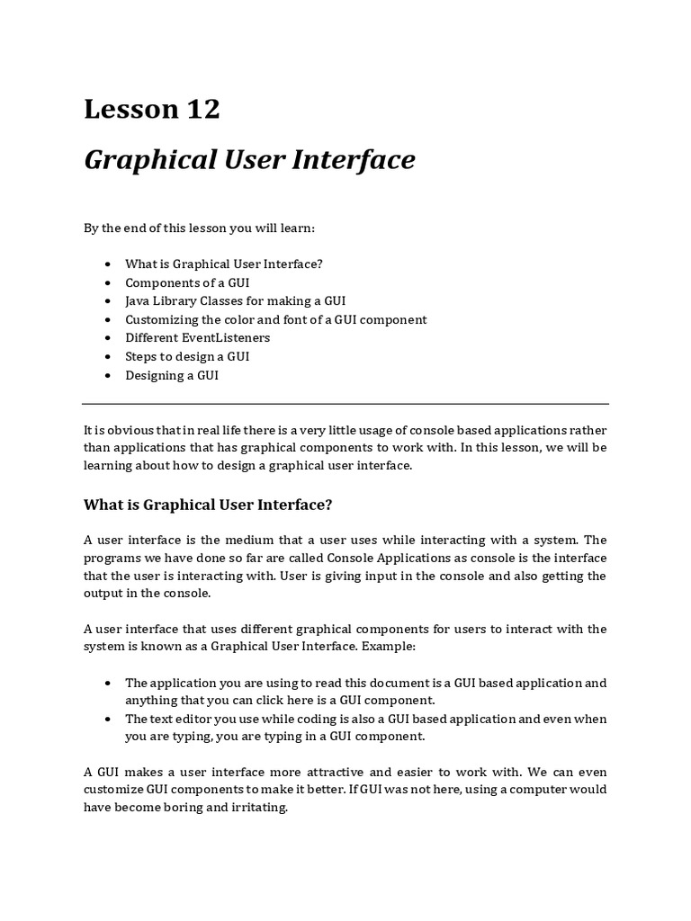 Lesson 12 - Graphical User Interface | PDF | Command Line Interface | Graphical User Interfaces