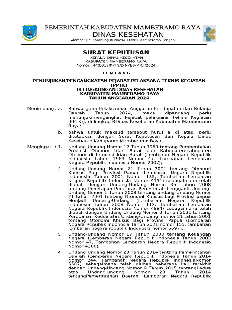 Format SK PPTK 2024 (Ditetapkan Kepala Dinas) | PDF